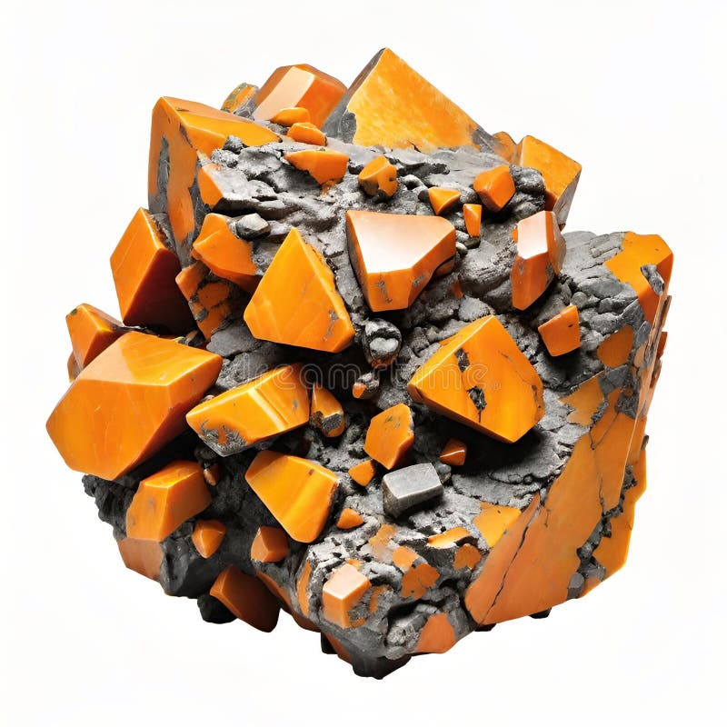 Stone with Black and Yellow and Orange Crystals, Isolated on White ...