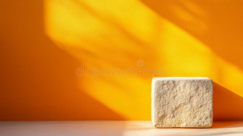 Stone Block on Minimalist Yellow Background with Shadow Play and Soft ...