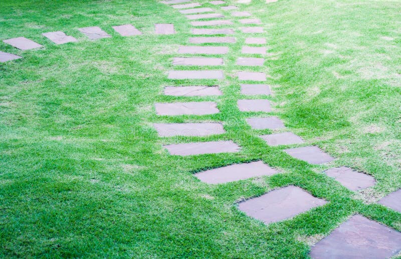 Stone Block Walk Path in the Garden with Grass Stock Photo - Image of ...