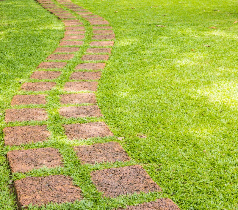 Stone Block Walk Path in the Park with Green Grass Stock Image - Image ...