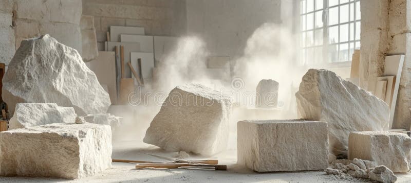 Stone Blocks Covered in Dust Particles Filling Workshop Interior Stock ...
