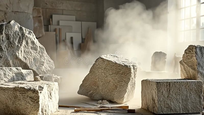 Stone Blocks Covered in Dust in a Workshop with Tools on Floor Stock ...