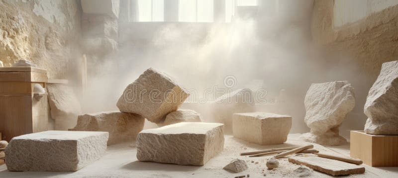 Stone Blocks and Sculptures Filling Dusty Workshop with Sunlight Stock ...