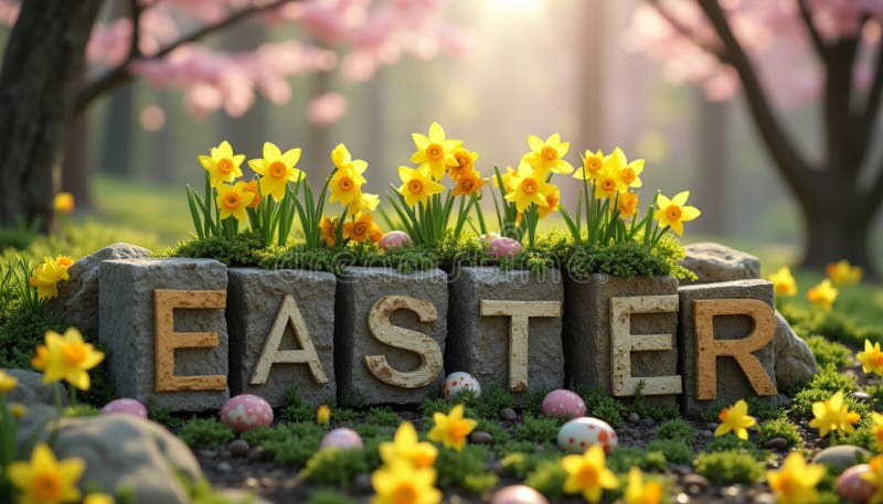 Stone Blocks Spell "EASTER" in a Lush Garden Setting Stock Illustration ...