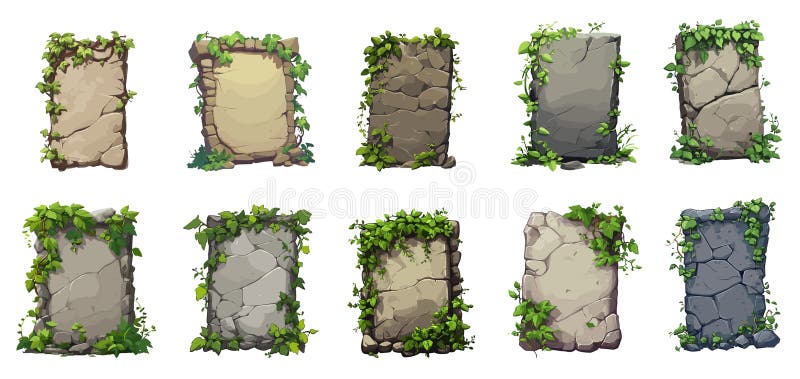 Stone Board with Vines Leaves Set. Lianas on Stone. Game Menu Interface ...