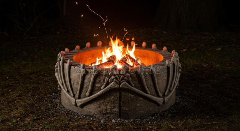 Stone Bone Shaped Fire Pit with Burning Fire at Night Stock ...