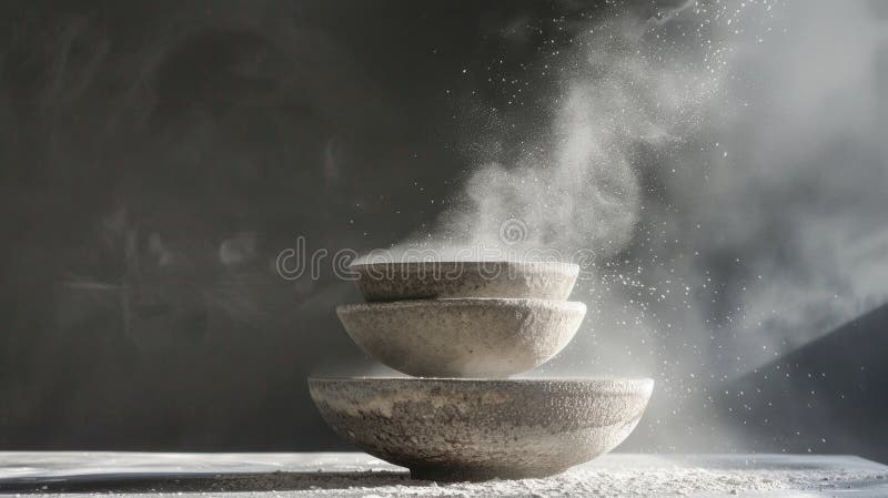 Stone Bowls with Flour Creating a Dusty Effect Stock Photo - Image of ...