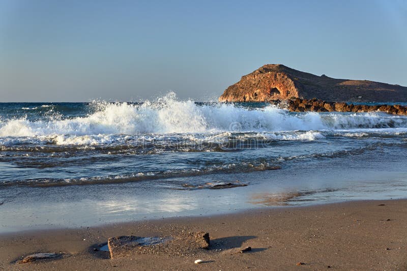 Stone Breakwater on Beach and Theodore Island, Crete Stock Image ...