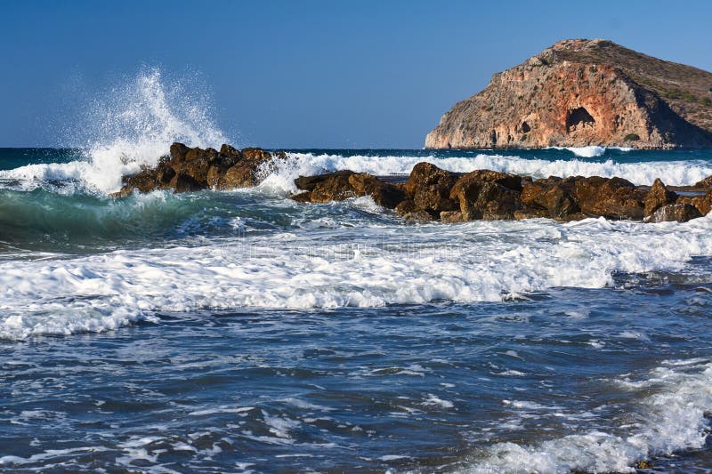 Stone Breakwater on Beach and Theodore Island, Crete Stock Image ...
