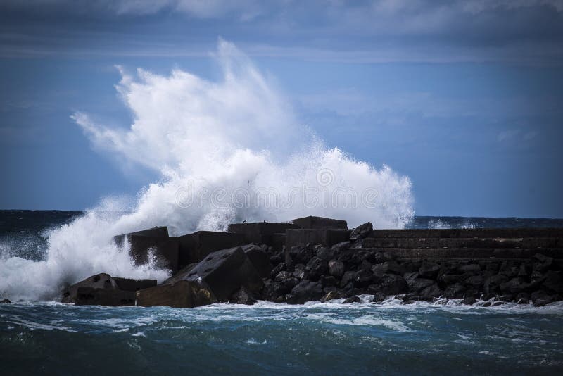 Stone Breakwater with Breaking Waves. Stock Image - Image of cyclone ...