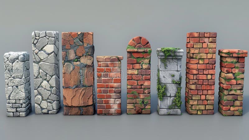 Stone and Brick Pillars in a Row Stock Photo - Image of vines, texture ...