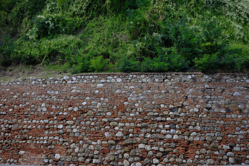 A Stone and Brick Wall Under Trees Stock Image - Image of flat, line ...