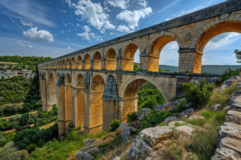 A Stone Bridge with Arches Spanning a Scenic Valley Stock Image - Image ...