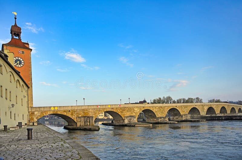 Stone Bridge and Clock Tower in Morning,Regensburg Editorial Stock ...