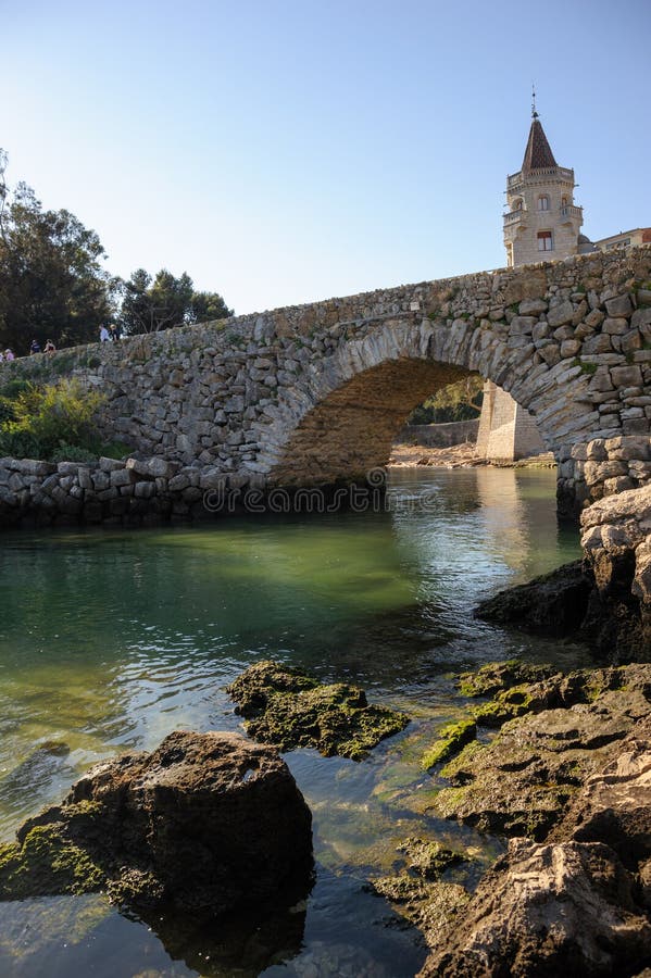 Stone Bridge and Coastal View in Cascais, Portugal Stock Image - Image ...
