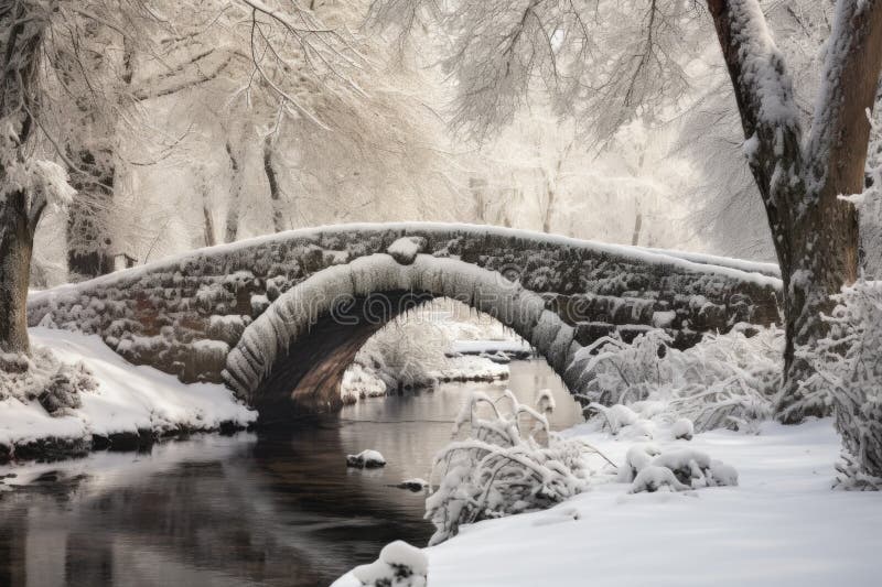 A Stone Bridge Covered in Snow in a Park Stock Photo - Image of stone ...