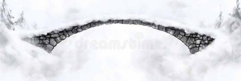 A Stone Bridge Covered in Snow Spanning a White Void with Trees on ...