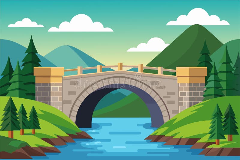 Stone Bridge Crossing River with Mountain Backdrop, Stone Bridge ...