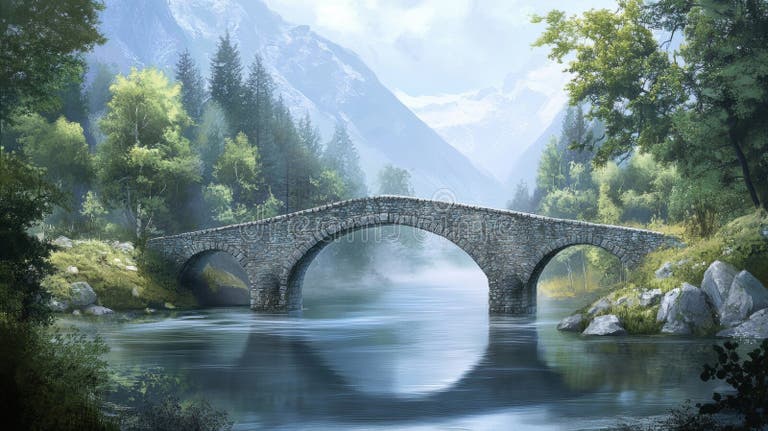 Stone Bridge Crossing a Serene River Surrounded by Medieval Scenery ...