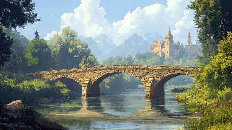Stone Bridge Crossing a Serene River Surrounded by Medieval Scenery ...