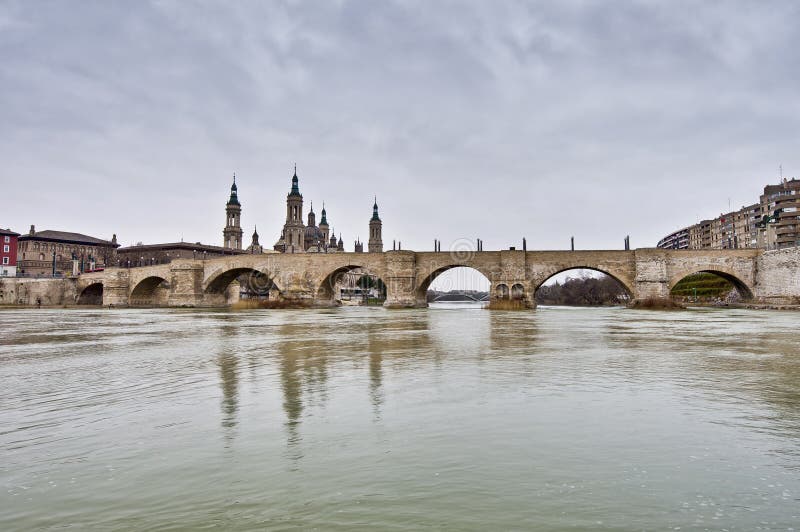 Stone Bridge and Ebro River at Zaragoza, Spain Stock Photo - Image of ...