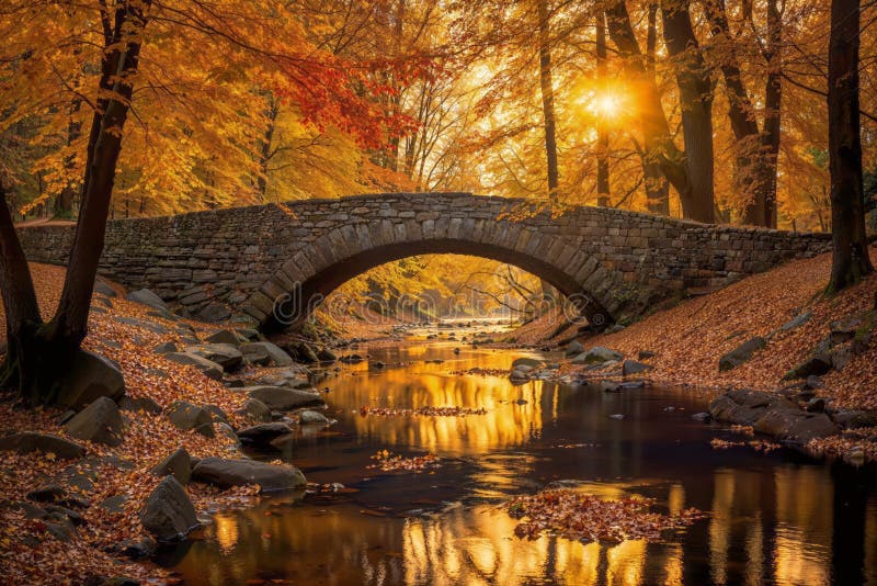 The Stone Bridge in Fall is Reflecting Off the Water, and the Sun Sets ...