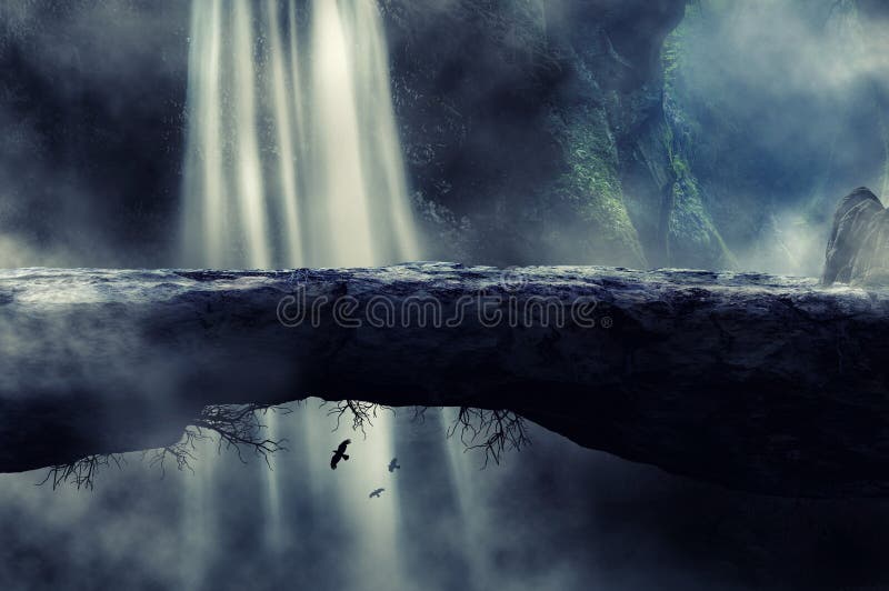 Stone Bridge Fantasy with Foggy Waterfall in a Background Stock Photo ...
