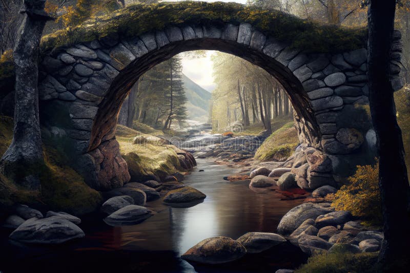 Stone Bridge in Forest, with Trees and Wildlife Visible Stock Image ...
