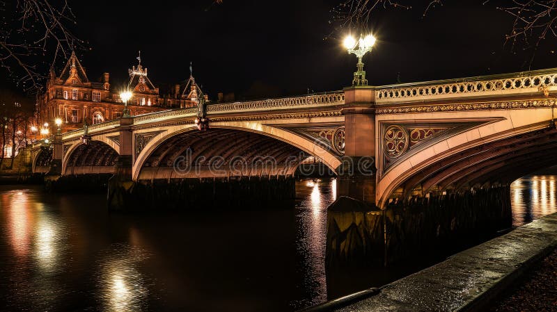 A Stone Bridge with Intricate Arches Illuminated at Night Stock Photo ...