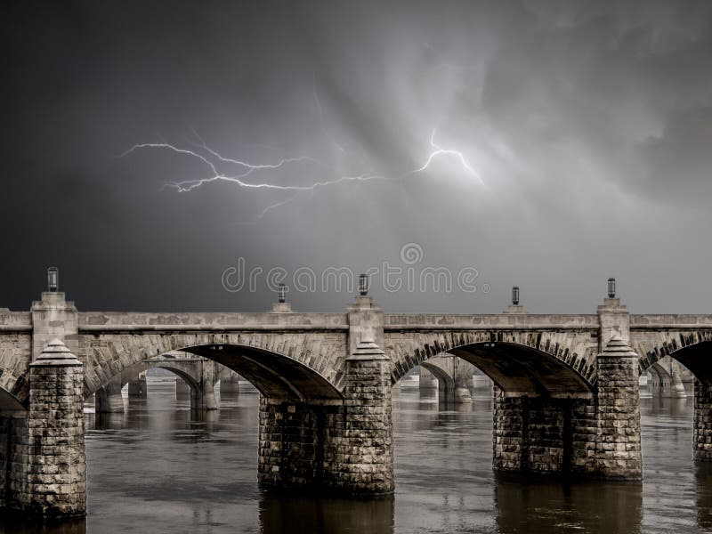 Stone Bridge and Lightning Storm Stock Photo - Image of river, dark ...