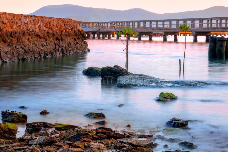 Stone Bridge in the Middle of the Sea Evening Time Beautiful Sunset Sea ...