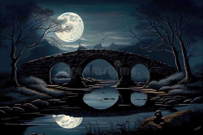 Stone Bridge in Moonlight, with Silhouettes of Trees Visible in the ...