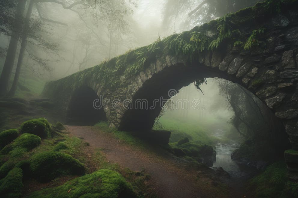 A Stone Bridge with Moss Growing on it in the Woods Stock Illustration ...