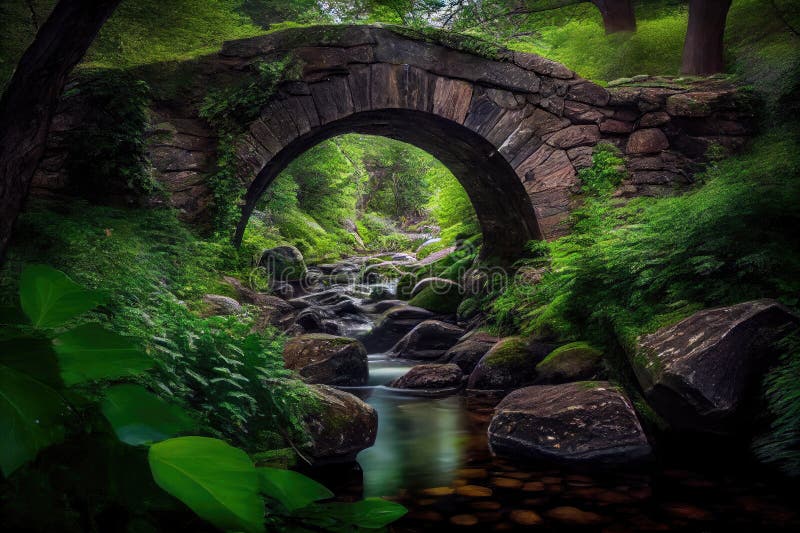 Stone Bridge Over a Babbling Brook, Surrounded by Lush Greenery Stock ...