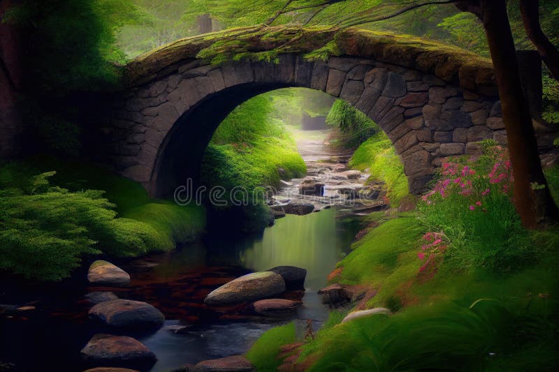 Stone Bridge Over a Babbling Brook, Surrounded by Lush Greenery Stock ...