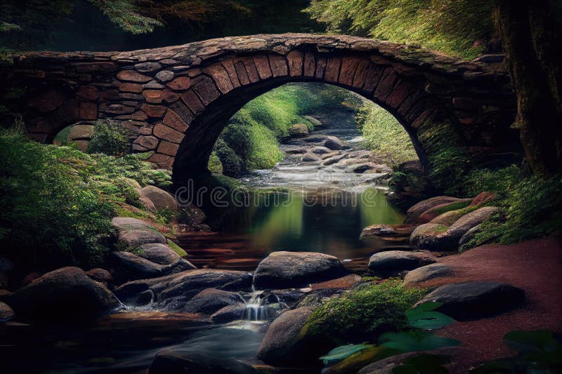 Stone Bridge Over a Babbling Brook, Surrounded by Lush Greenery Stock ...