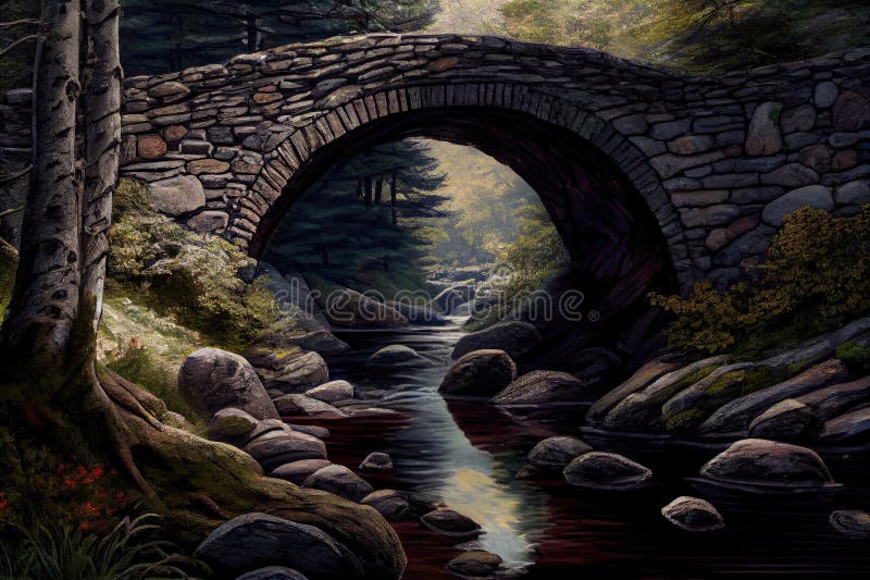 Stone Bridge Over a Babbling Brook Surrounded by Tall Trees Stock ...