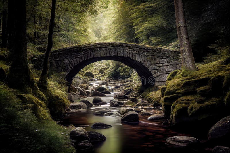 Stone Bridge Over a Babbling Brook Surrounded by Tall Trees Stock ...