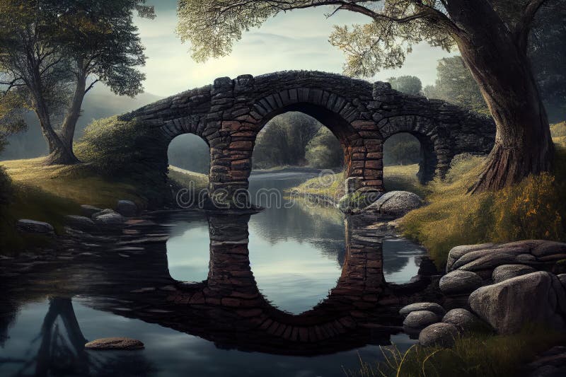 Stone Bridge Over Calm River with Trees in the Background Stock ...