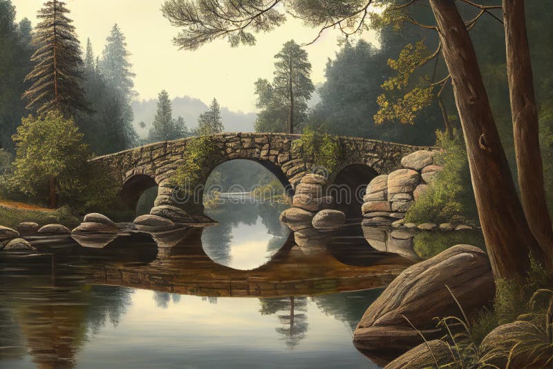 Stone Bridge Over Calm River with Trees in the Background Stock ...