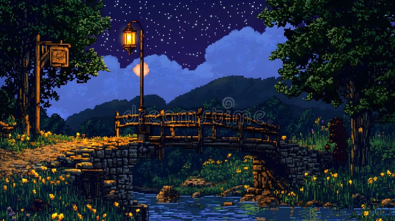 Stone Bridge Over Calm River Under Starry Night Sky Illuminated by ...