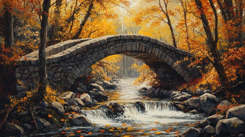 Stone Bridge Over a Creek in Autumnal Forest Stock Illustration ...