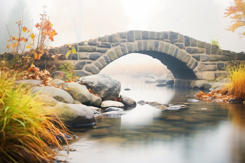 Stone Bridge Over a Creek in a Fogdraped Field Stock Photo - Image of ...