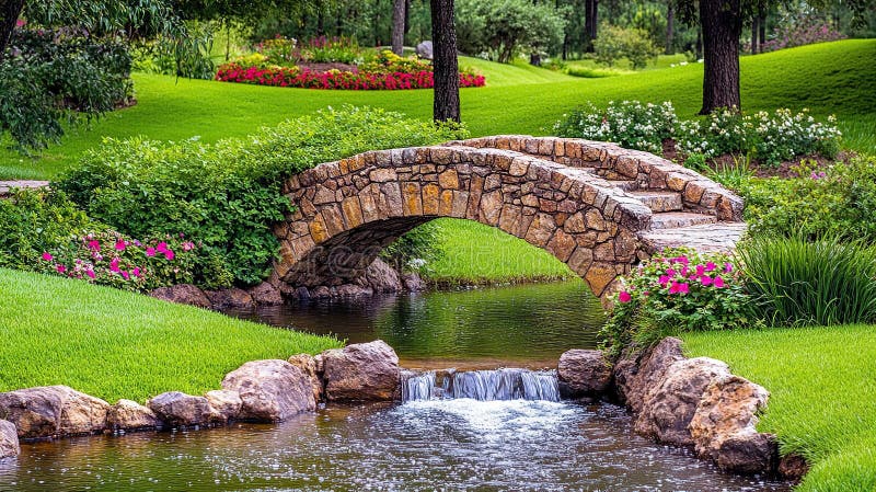 Stone Bridge Over Creek in Lush Garden Stock Illustration ...