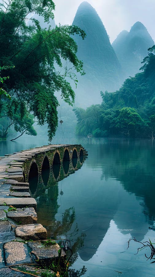 A Stone Bridge Over a Lake in the Mountains Stock Photo - Image of ...