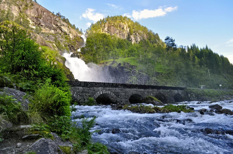 Stone Bridge Over Latefossen Waterfalls in Norway Stock Image - Image ...