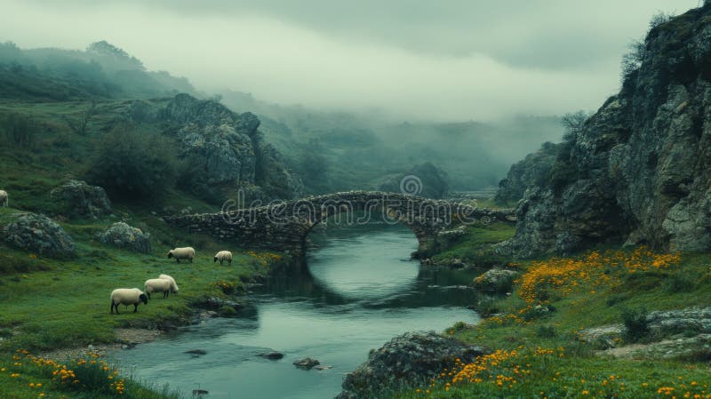 Stone Bridge Over a Misty River with Sheep Grazing Stock Image - Image ...