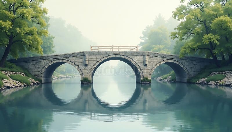 Stone Bridge Over River with Reflections in Calm Water Stock ...