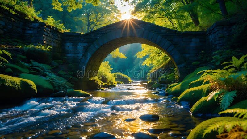 Serene Stone Arch Bridge Over a Mossy Creek at Sunrise Stock ...