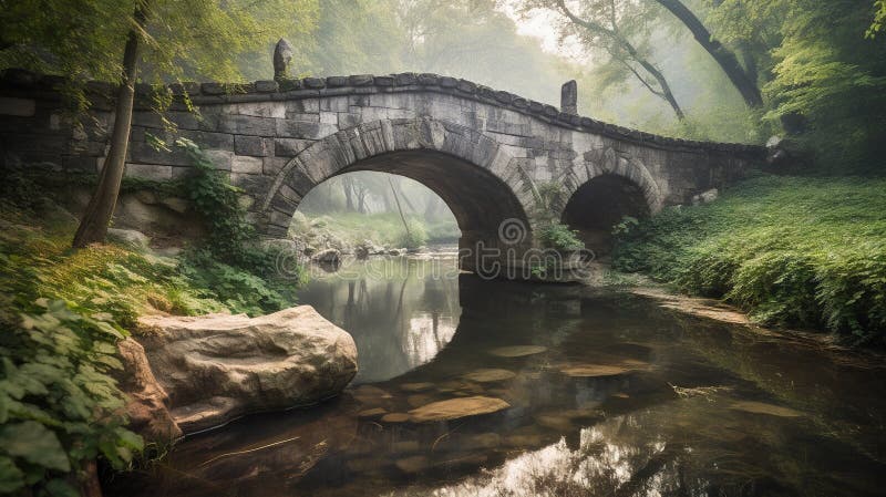 A Stone Bridge Over a River Surrounded by Trees and Rocks Stock ...